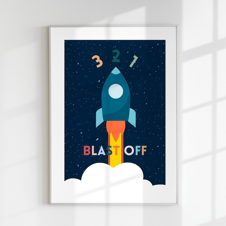 Rocket Ship Poster for Nursery Wall Art Blast off Space Print for Kids ...