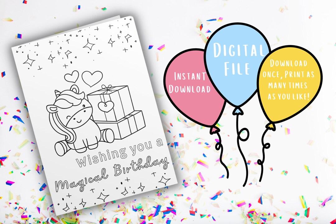 Unicorn Coloring Birthday Card | Unique Card | Colorable Birthday Card ...