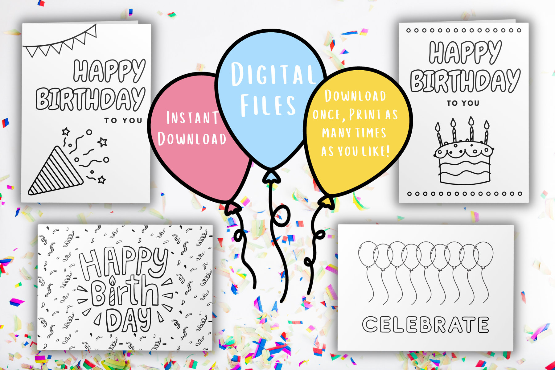 Birthday Card Bundle | Coloring Card Set | Colorable Birthday Card ...