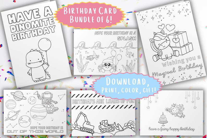 6 Themed Birthday Card Bundle | Coloring Card Set | Colorable Birthday ...