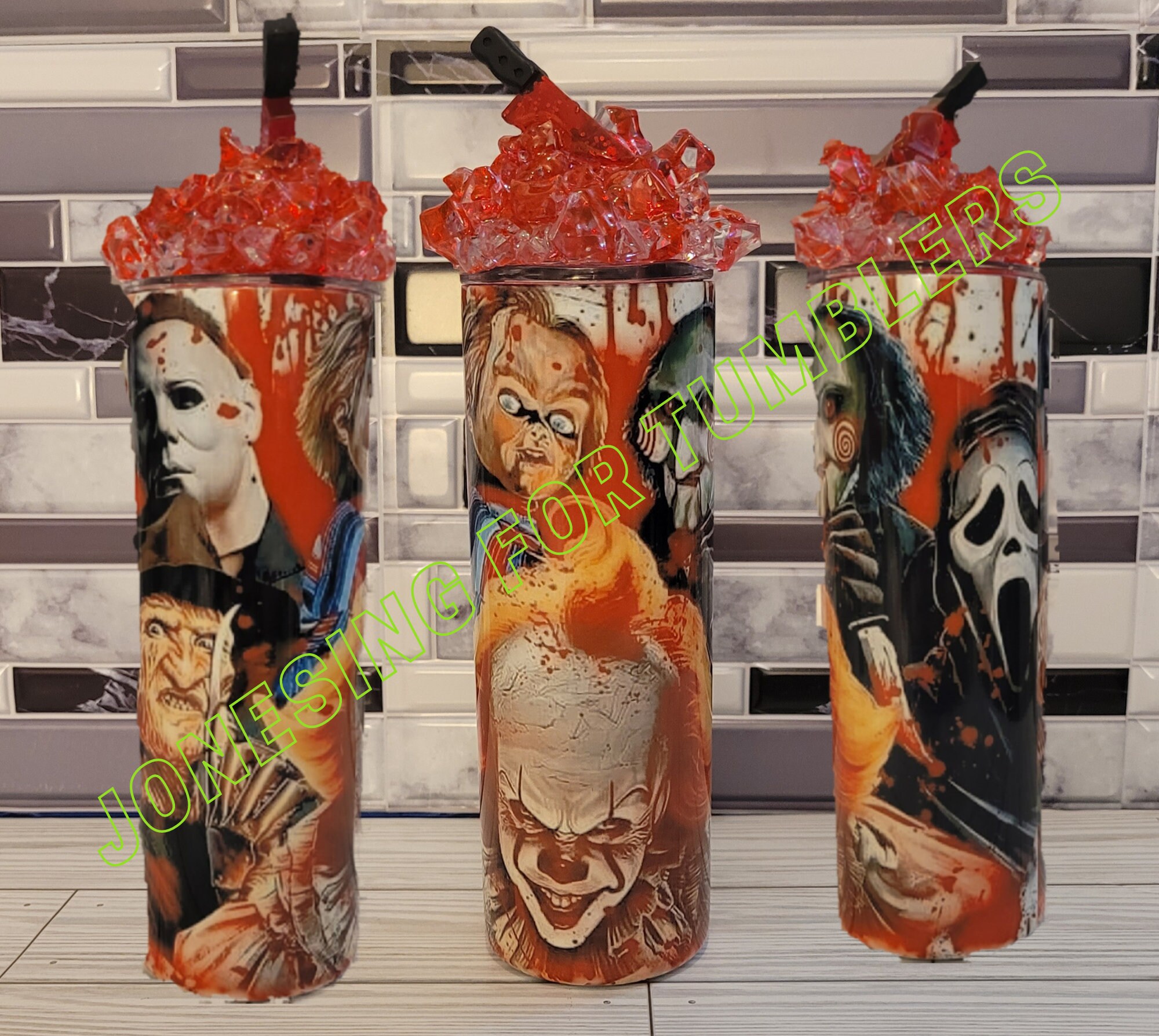 Multi Single Horror Villains Blood Splatter 20 Oz Skinny Tumbler WITH ...