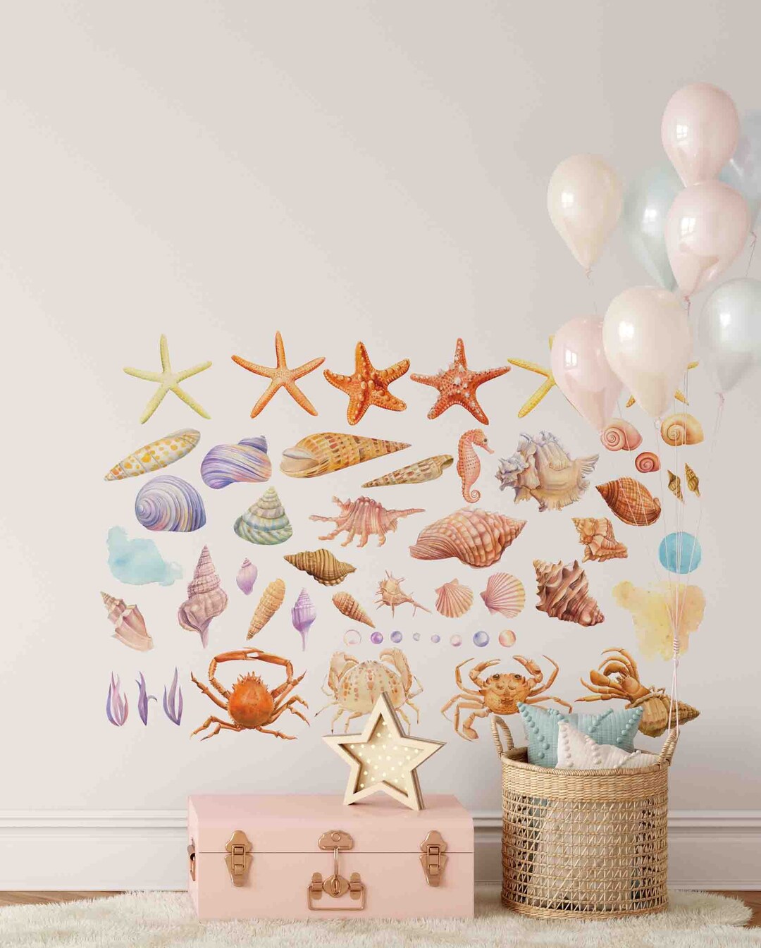 Ocean Play Stickers, Sea Shells, Crab and Starfish Peel & Stick Decals ...