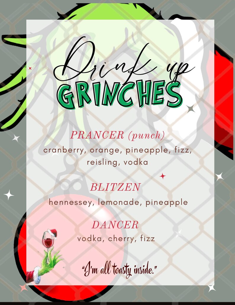 Drink up Grinches Drink Menu Template, Christmas Holiday Menu Template ...