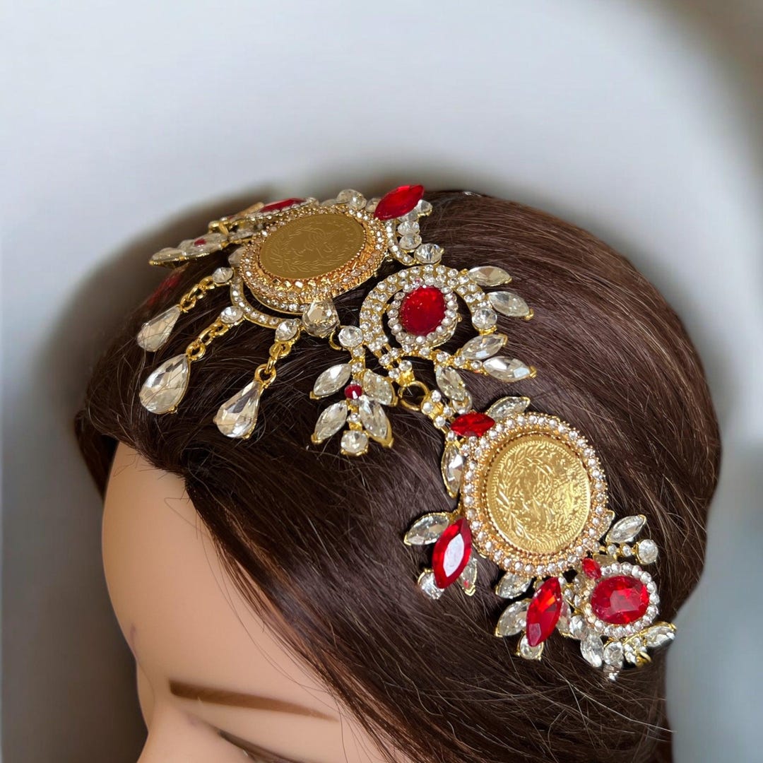 Bayt Hanina II Red and Gold Three Coins Headpiece - Etsy