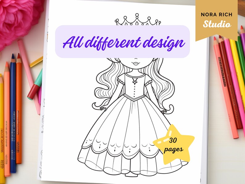 PDF [30pages] Cute Princess Coloring Pages for Kids, Coloring Book ...
