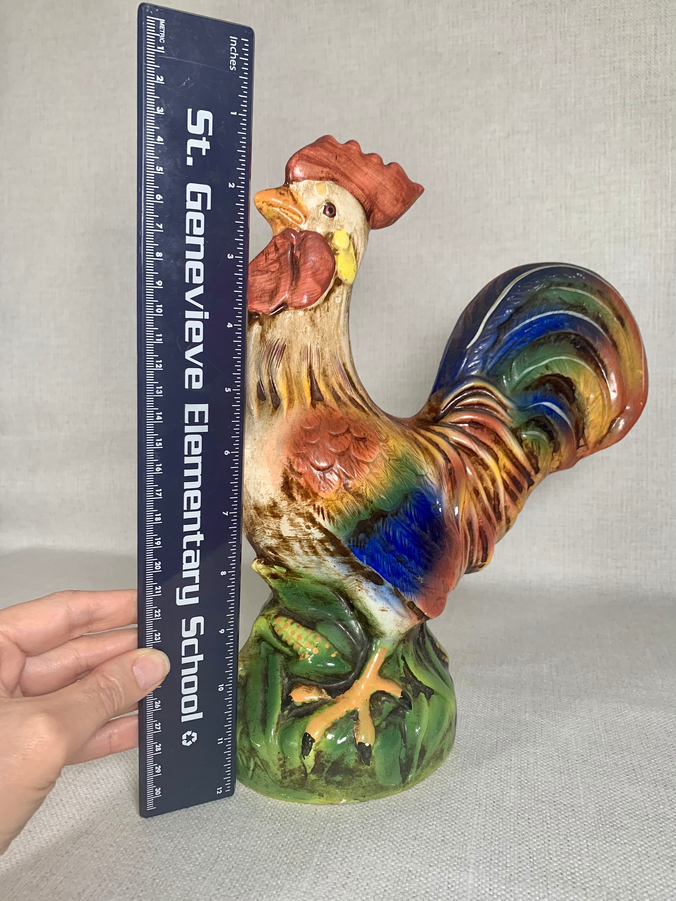 Large Colorful Farmhouse Hand Painted Ceramic Chicken Rooster Figurine ...
