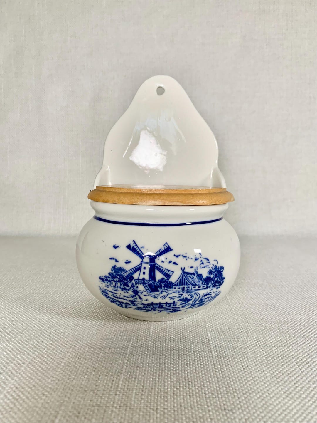 Vintage Teleflora Delft Wall Pocket Salt Box Blue White Windmill With ...