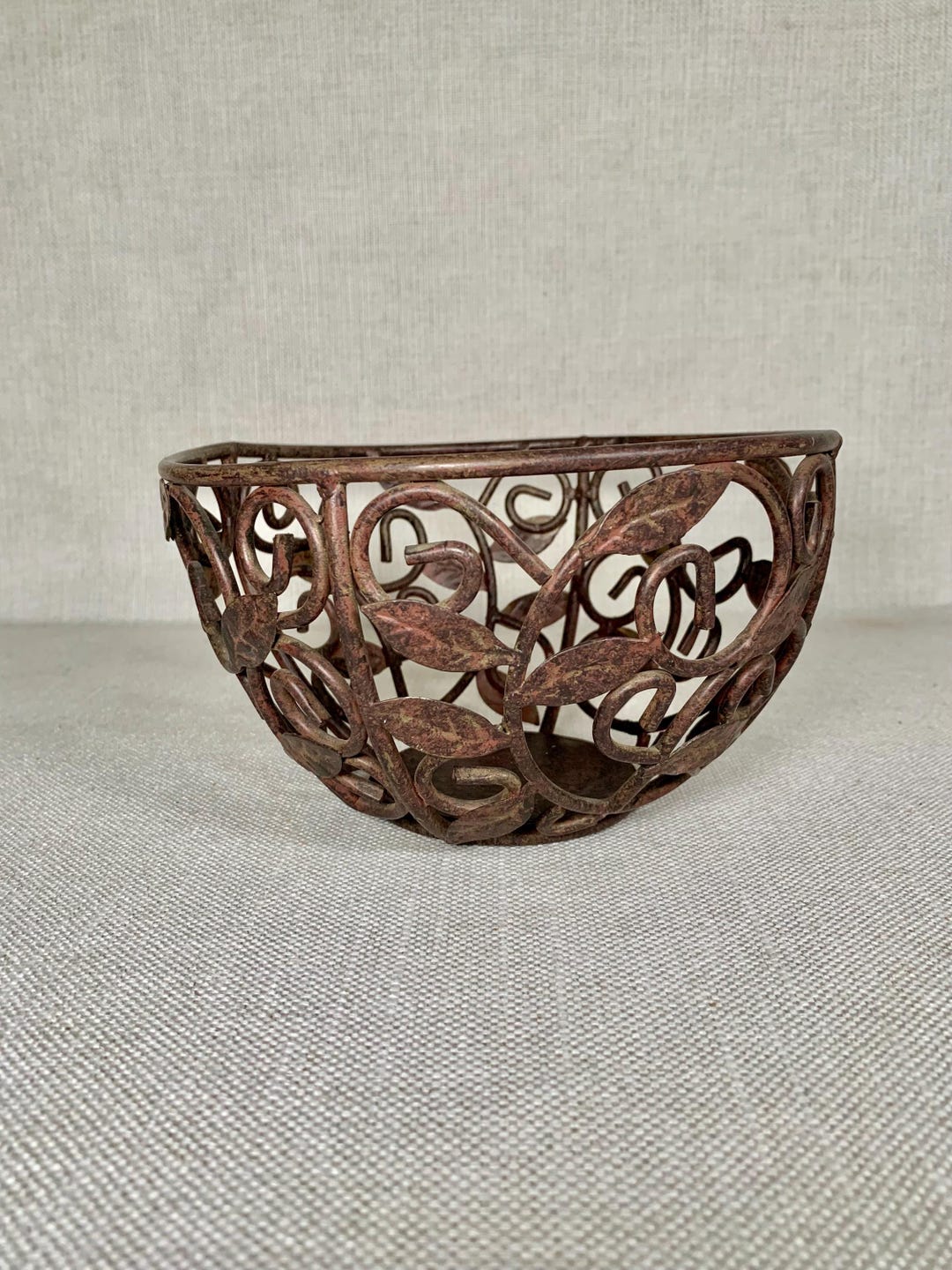 Vintage Scroll Work Wrought Iron Round Fruit Bowl With Leaves, Wrought ...