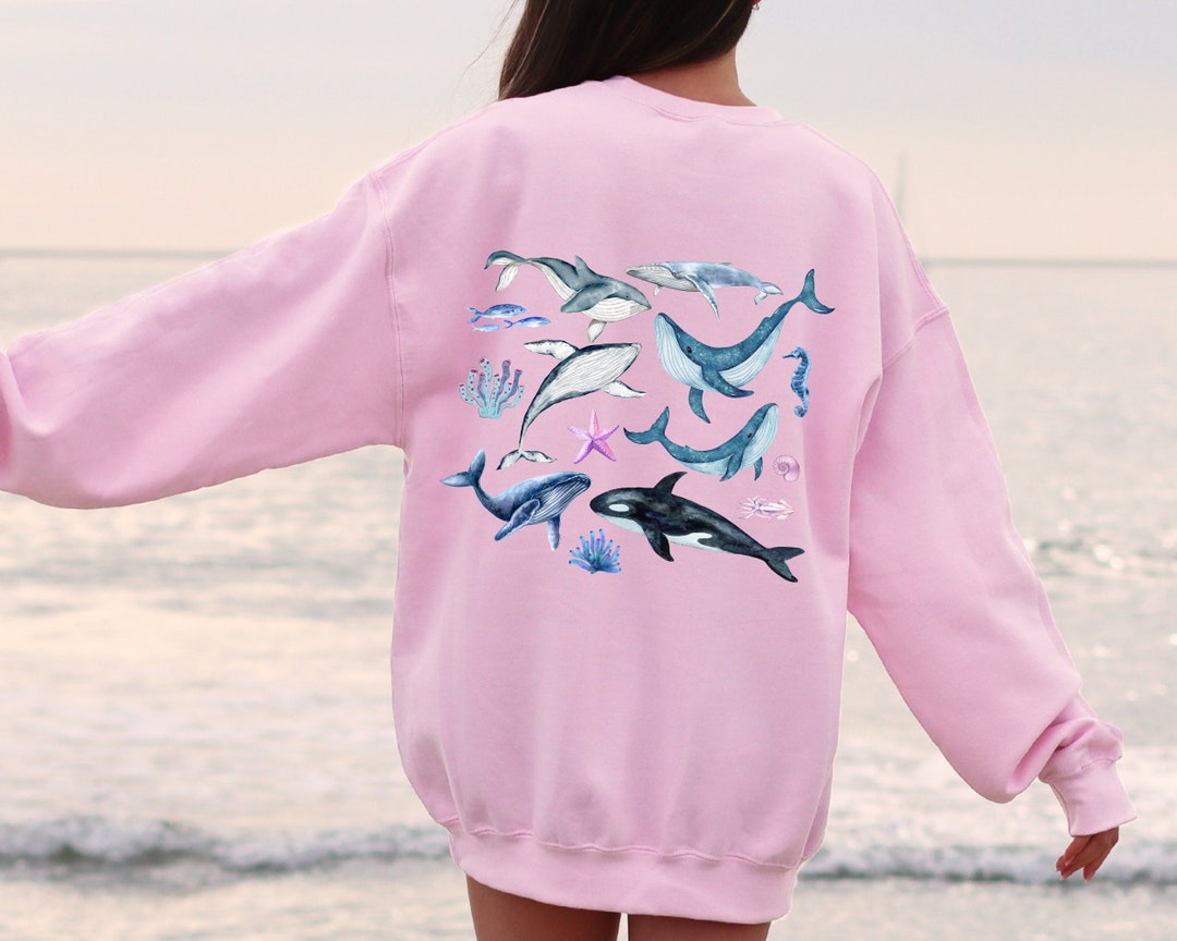 Watercolor Ocean Animals Whales Crewneck Sweatshirt, Surf Beach ...