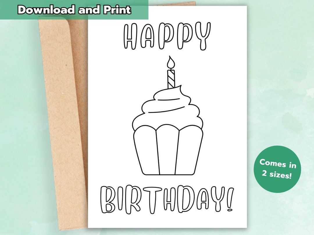 Printable Coloring Birthday Cupcake Card, Instant Digital Download - Etsy