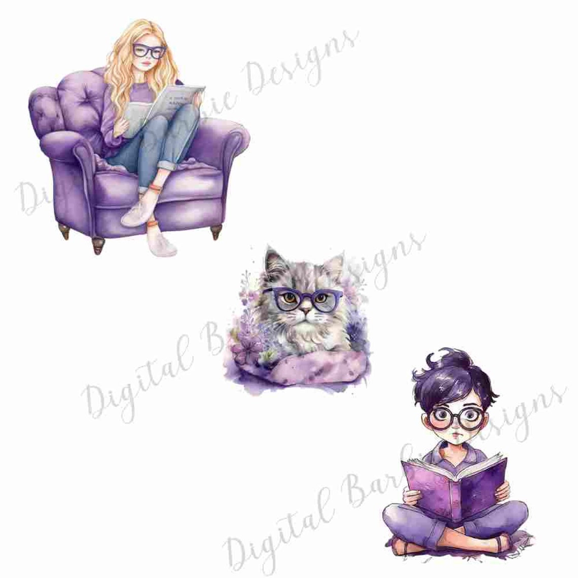 Clip Art Bundle ,bookworm, Reading,lavendar Theme,library Girl,books ...
