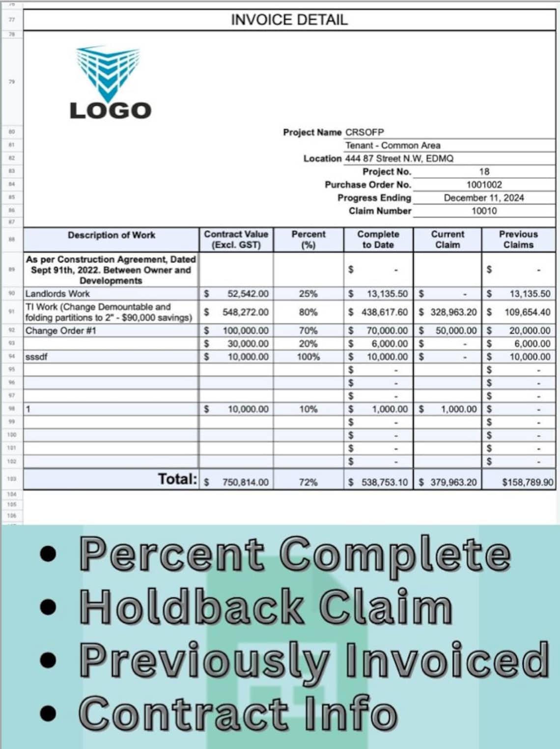 Invoice Template Spreadsheet,contractor Invoicing, Percent Complete ...
