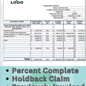 Invoice Template Spreadsheet,contractor Invoicing, Percent Complete ...