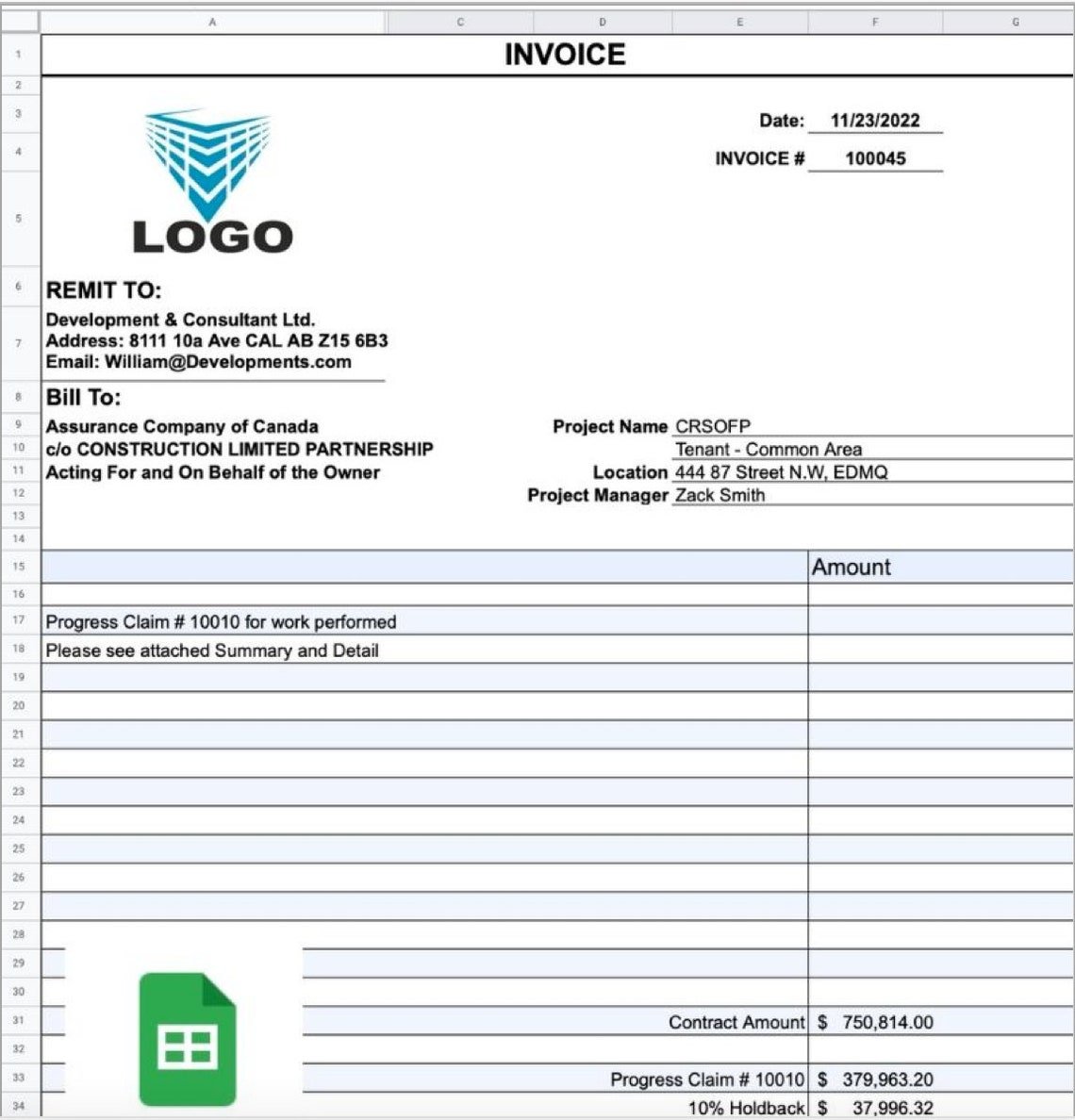 Invoice Template Spreadsheet,contractor Invoicing, Percent Complete ...