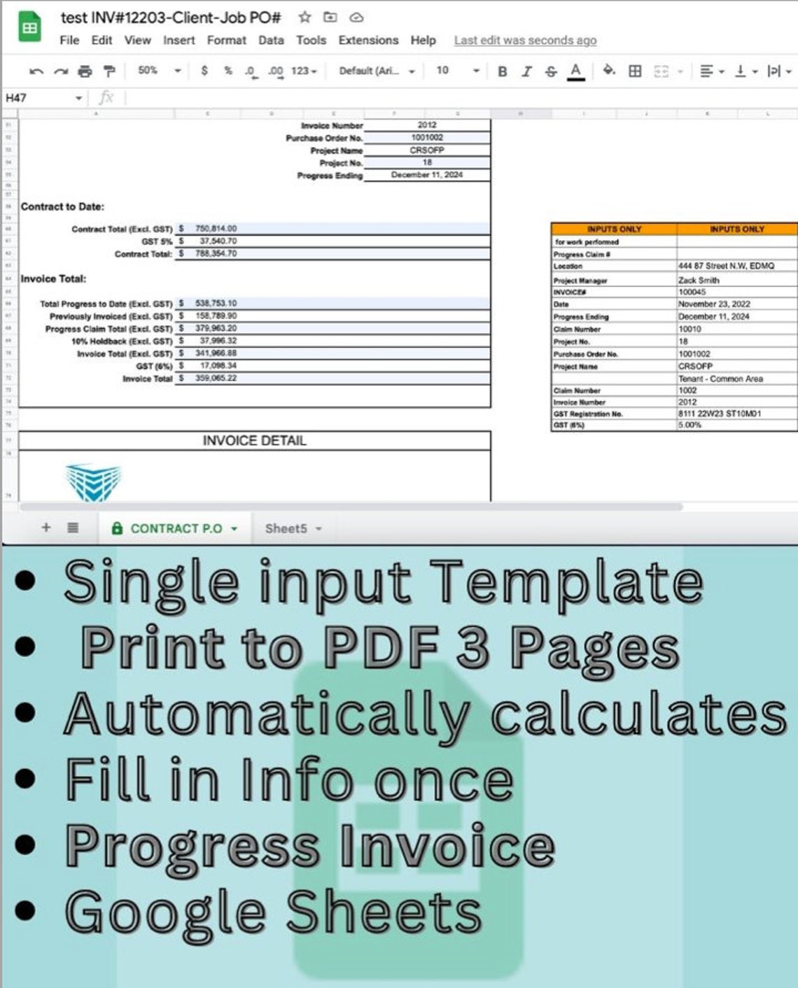 Invoice Template Spreadsheet,contractor Invoicing, Percent Complete ...