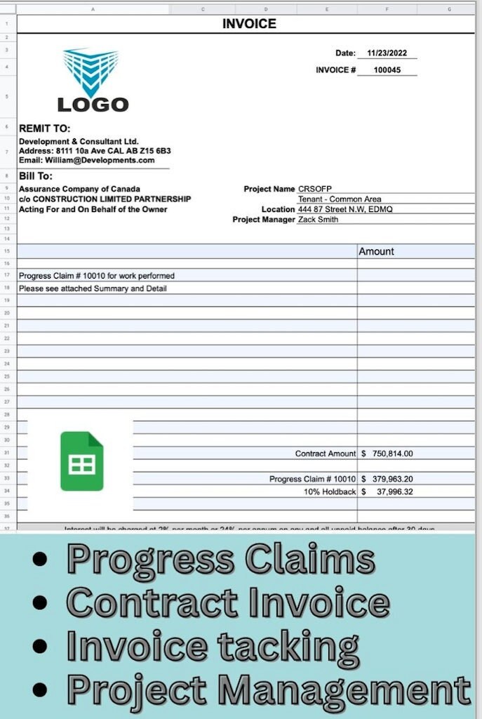 Invoice Template Spreadsheet,contractor Invoicing, Percent Complete ...