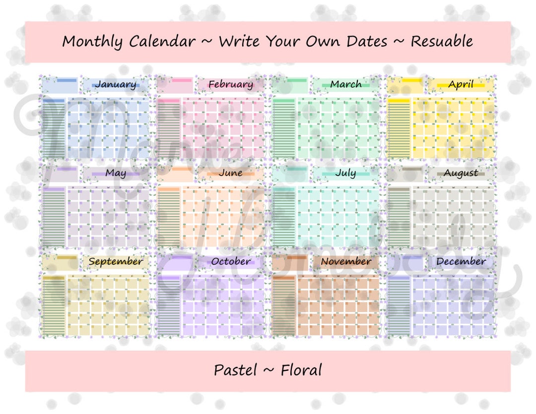 PDF~ Blank Pastel Floral Printable Calendar Without Dates~ Reusable ...