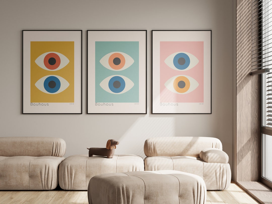 Cartaz da Exposição Bauhaus, Olhos Retrô em Amarelo, Rosa, Verde Menta ...