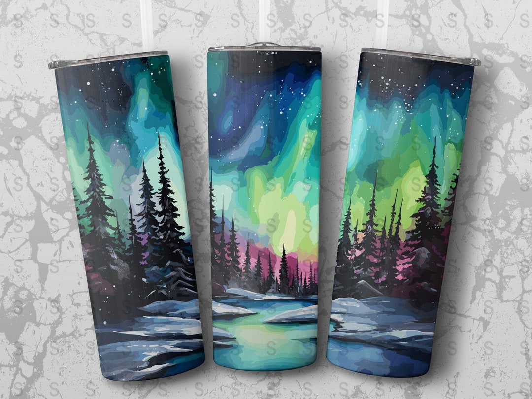 Aurora Borealis and Trees Tumbler Wrap Design for Sublimation, Straight ...