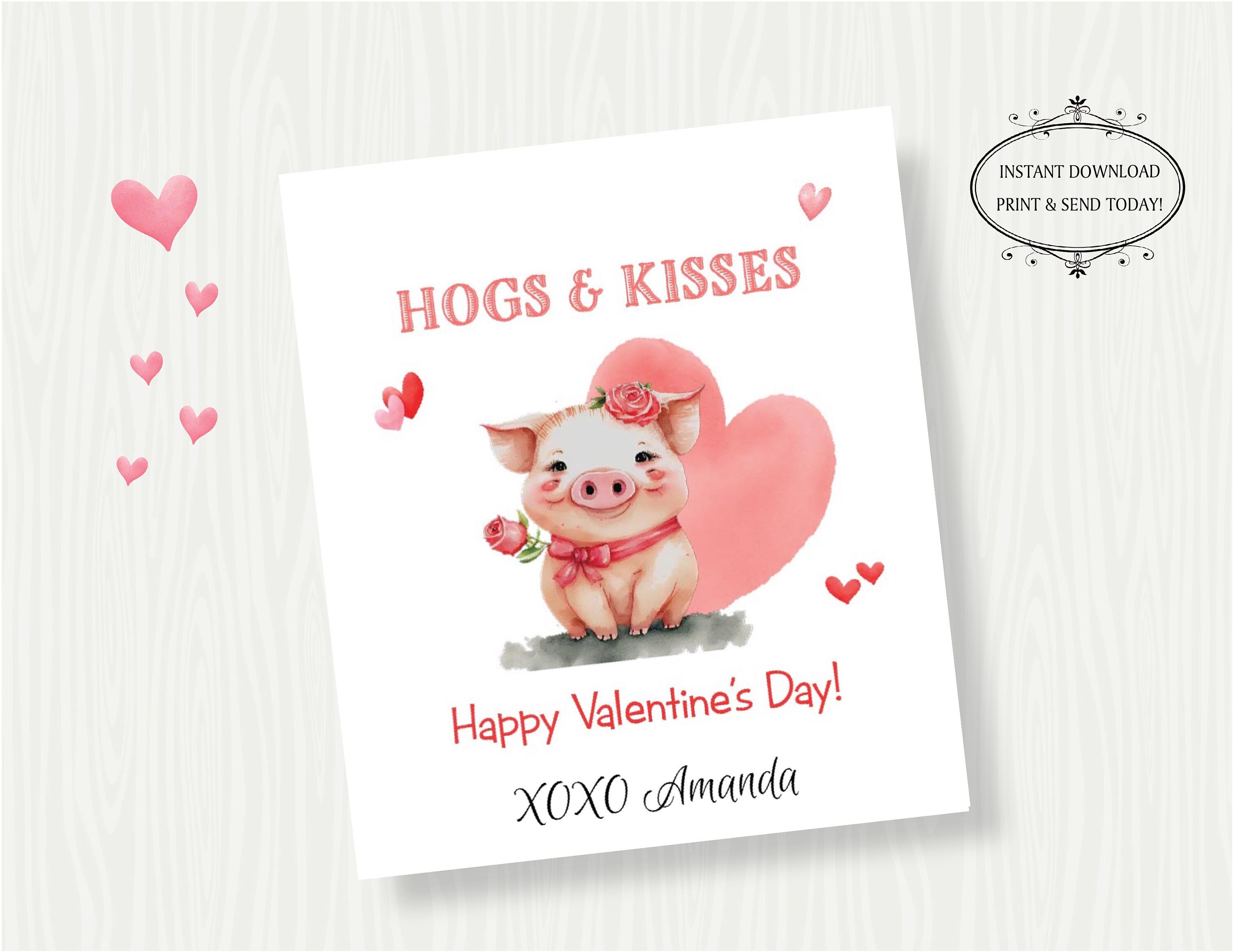 HOGS AND KISSES Pig Valentine, Printable Valentine Favor Tag, Editable ...