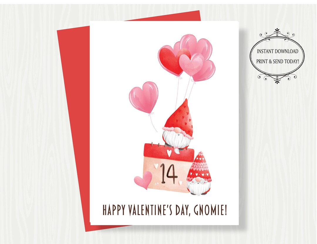 GNOMES VALENTINE CARD Printable, Valentine Gnomes Greeting Card ...