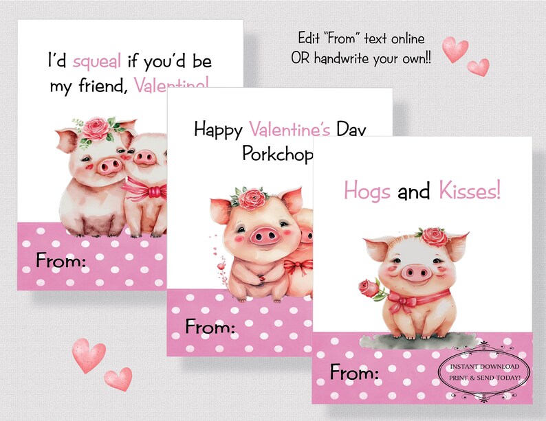 PRINTABLE CLASSROOM VALENTINE Cards , Cute Pink Pig Valentine Cards for ...
