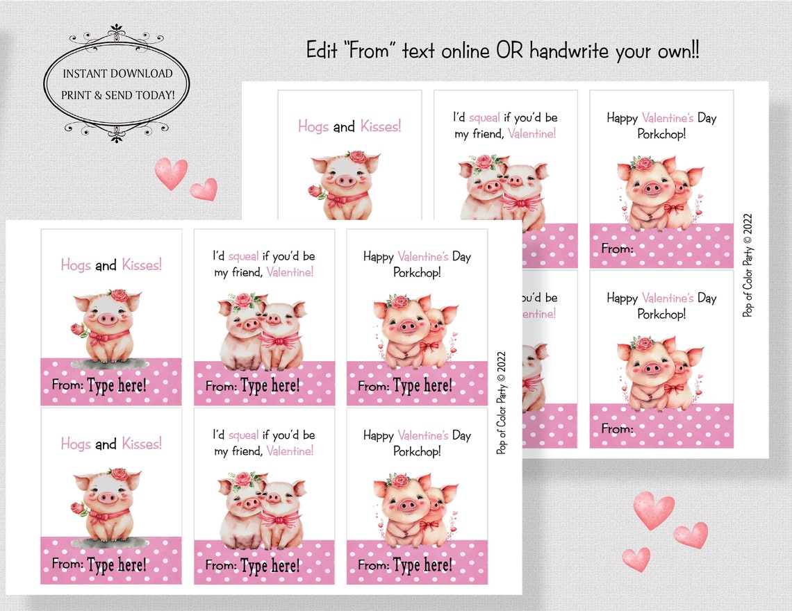 PRINTABLE CLASSROOM VALENTINE Cards , Cute Pink Pig Valentine Cards for ...