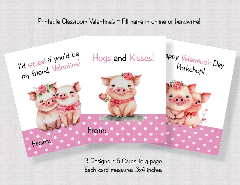 PRINTABLE CLASSROOM VALENTINE Cards , Cute Pink Pig Valentine Cards for ...