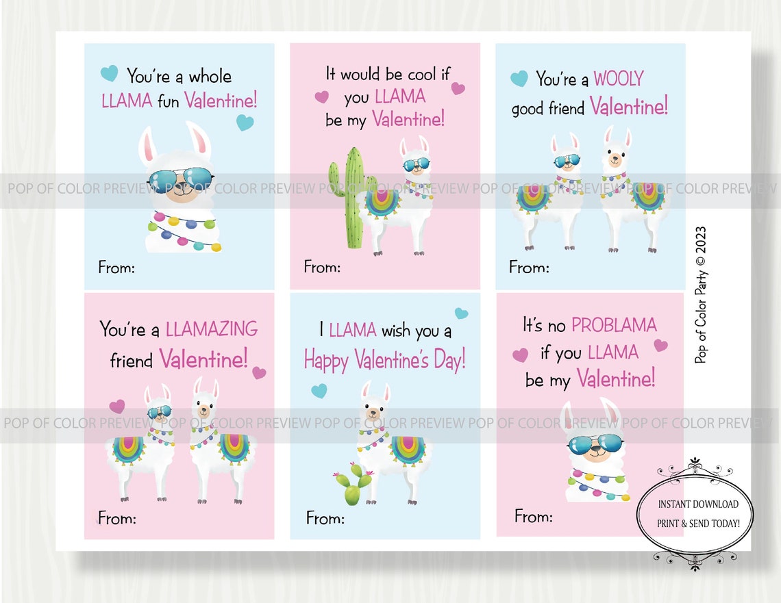 LLAMA VALENTINE CARDS, Printable Llama Valentine Cards for Kids, Fun ...