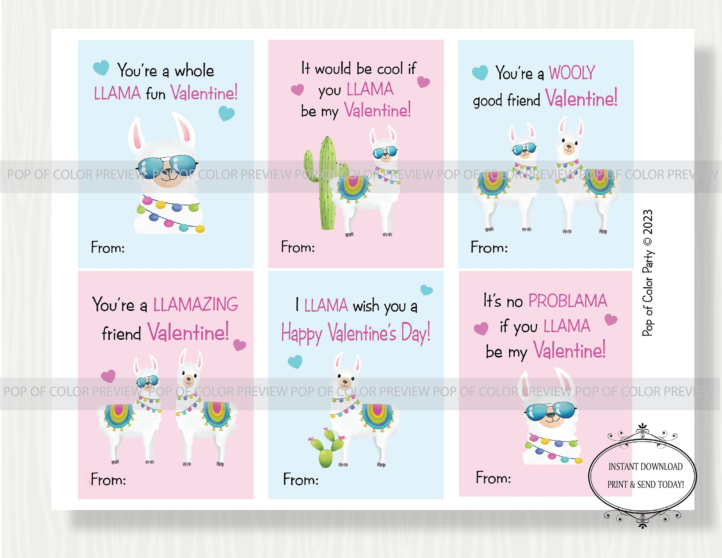 LLAMA VALENTINE CARDS, Printable Llama Valentine Cards for Kids, Fun ...