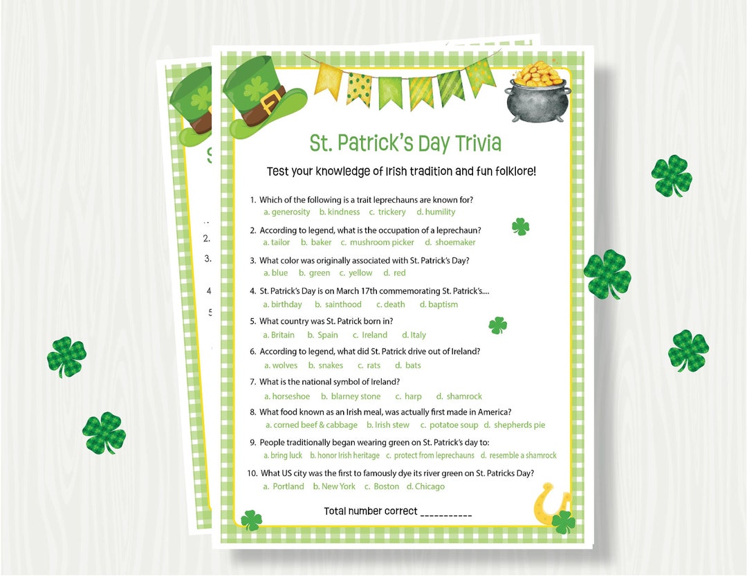 ST. PATRICK'S DAY Trivia Game Activity, Printable Trivia Activity Game ...