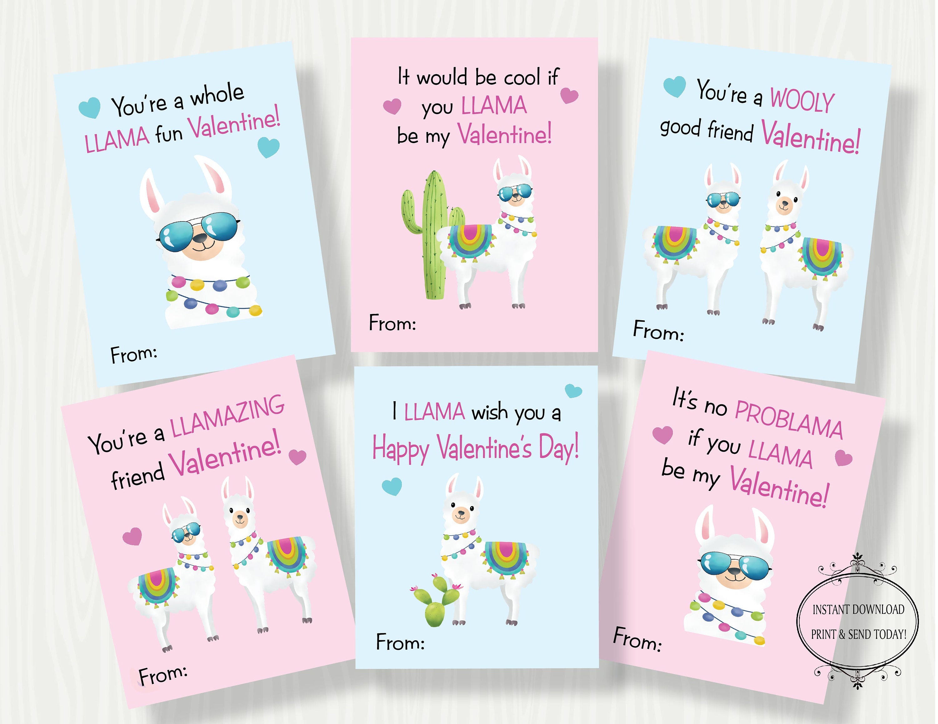 LLAMA VALENTINE CARDS, Printable Llama Valentine Cards for Kids, Fun ...
