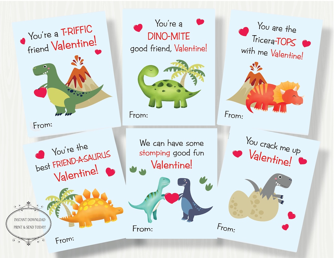 DINOSAUR VALENTINE CARDS, Printable Dinosaur Valentine Cards for Kids ...