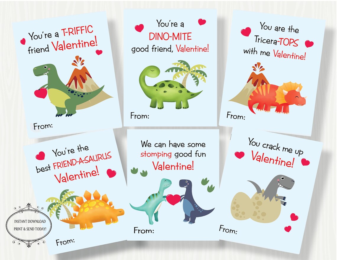 DINOSAUR VALENTINE CARDS, Printable Dinosaur Valentine Cards for Kids ...