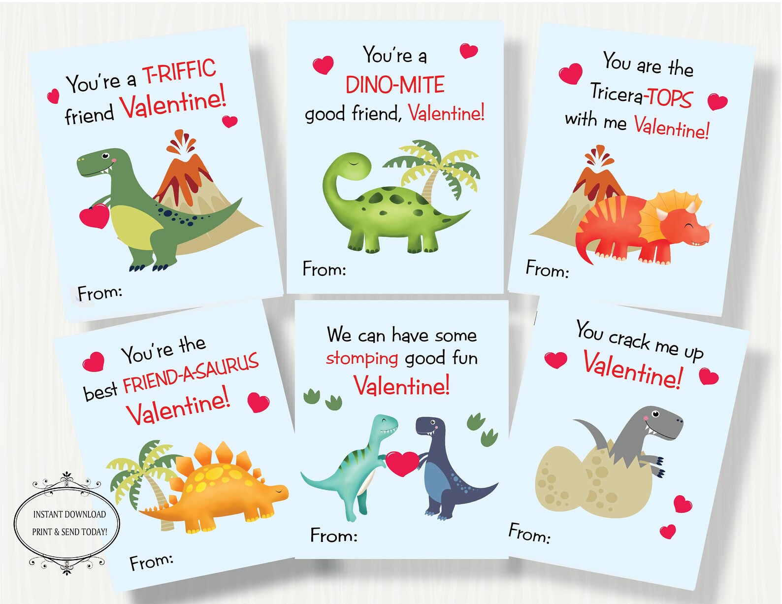 DINOSAUR VALENTINE CARDS, Printable Dinosaur Valentine Cards for Kids ...