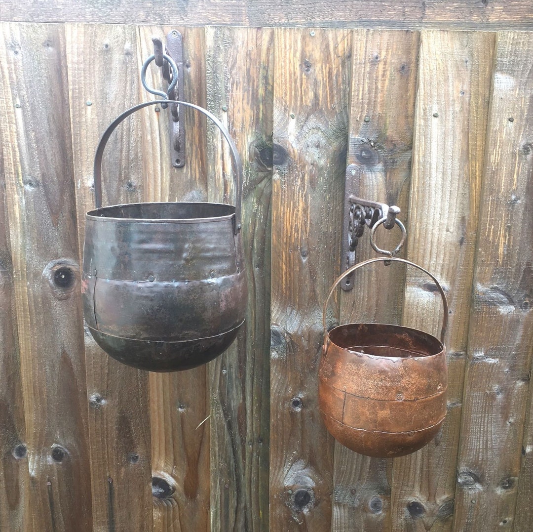 Reclaimed Metal Indian Well Water Pot Hanging Planter With Bracket ...