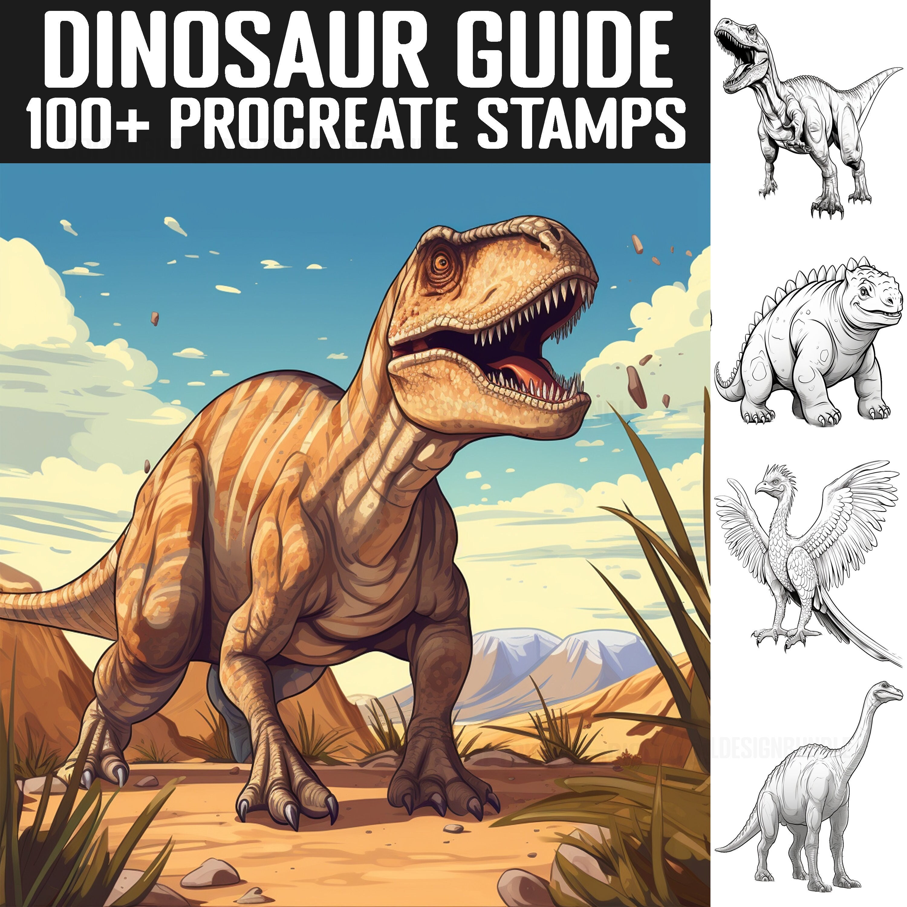 100 Dinosaur Procreate Stamps Dinosaur Guides Instant Digital Download ...