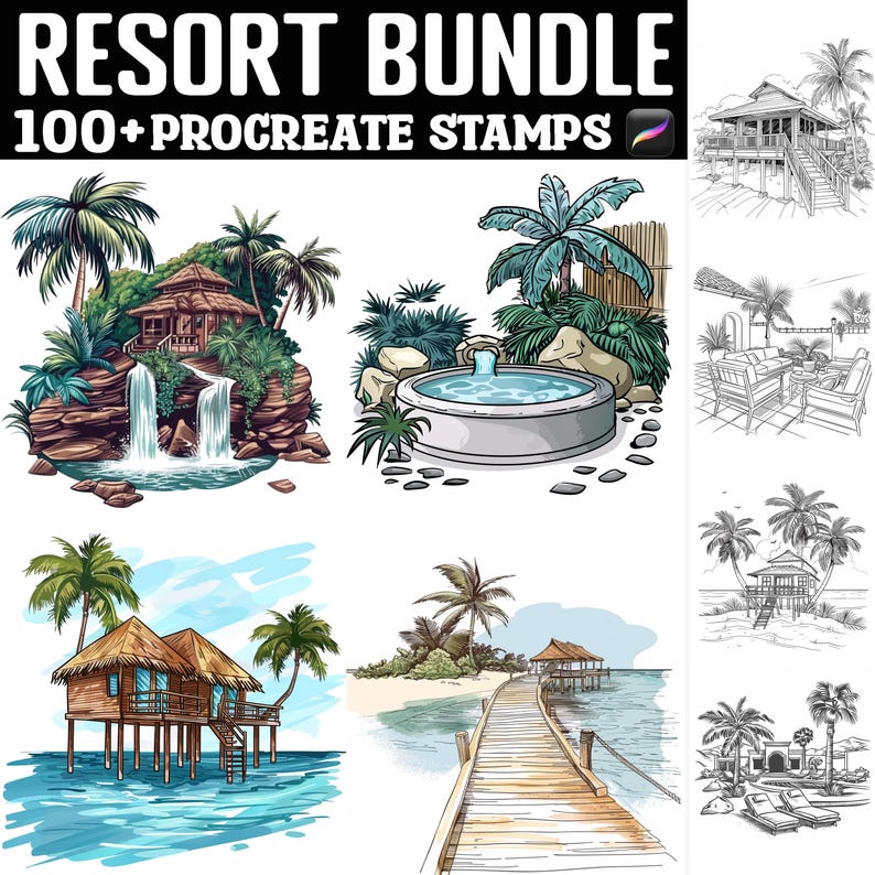 100+ Resort Scenes Procreate Stamps | Procreate Brushes | Instant ...
