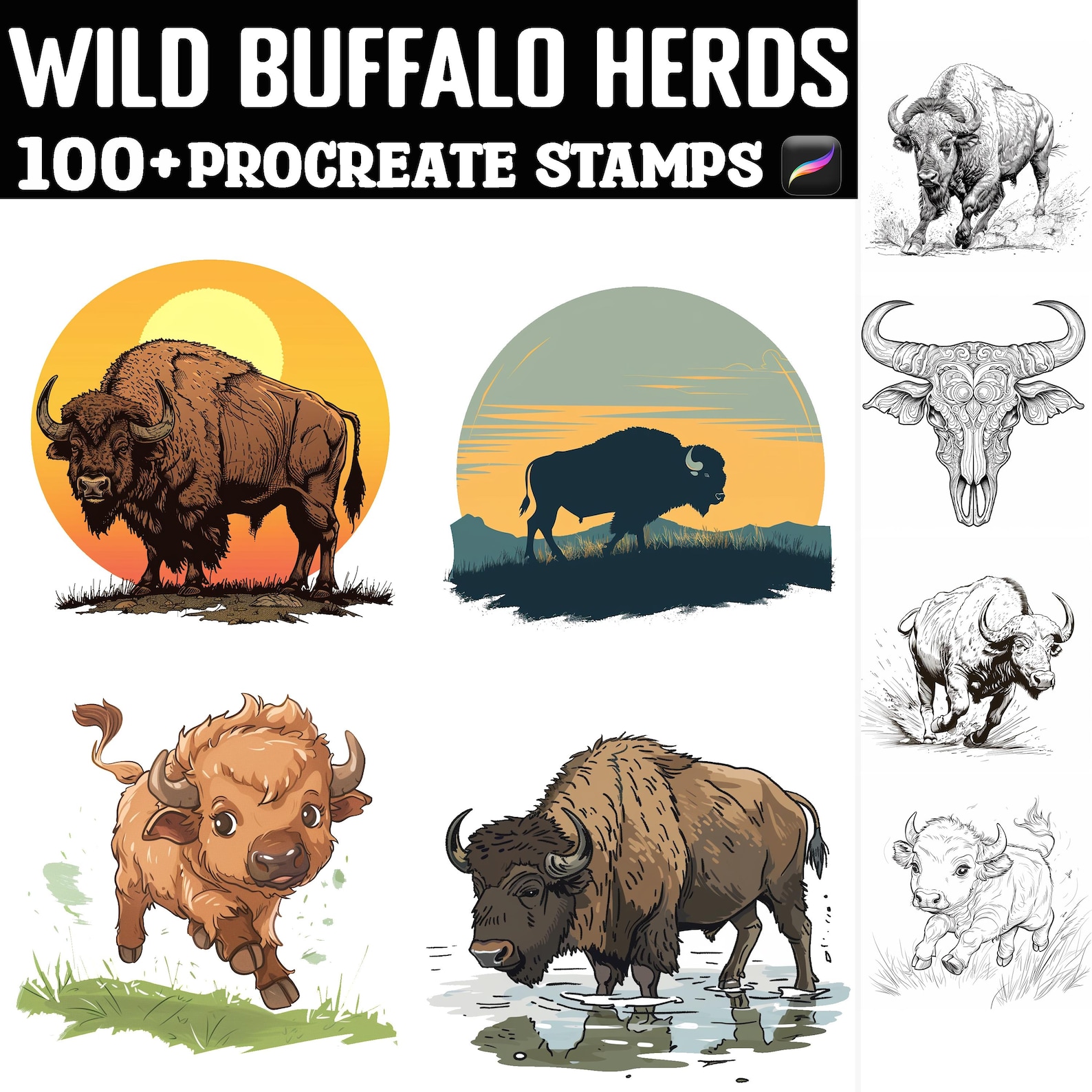 100+ Wild Buffalo Herds Procreate Stamps | Procreate Brushes | Instant ...