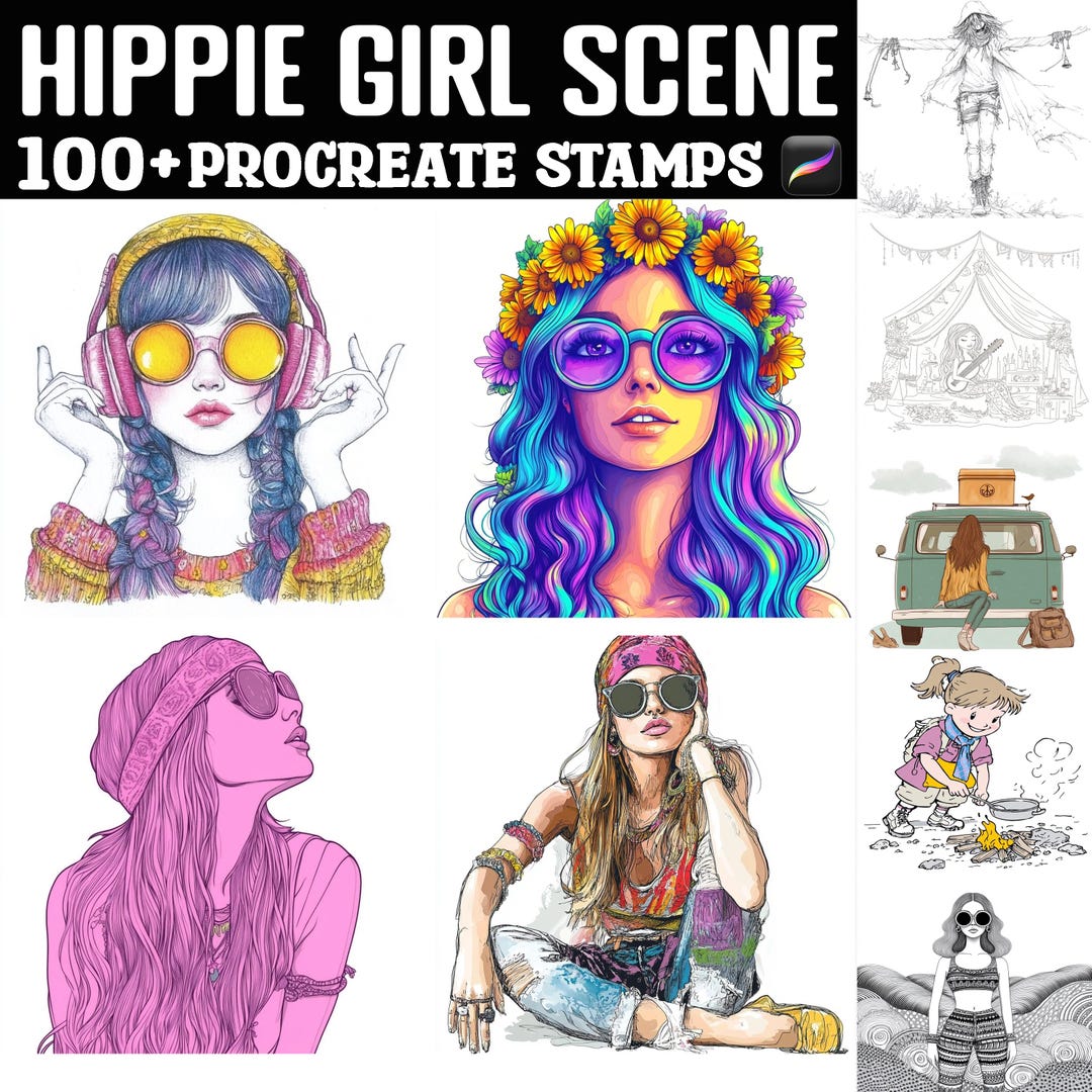 100+ Hippie Girl Scene Procreate Stamps | Procreate Brushes | Instant ...