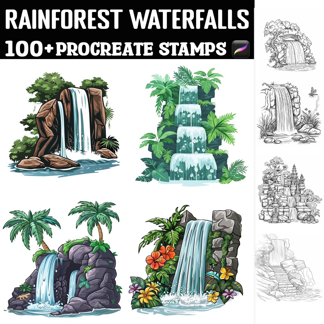 100+ Rainforest Waterfalls Procreate Stamps | Procreate Brushes ...