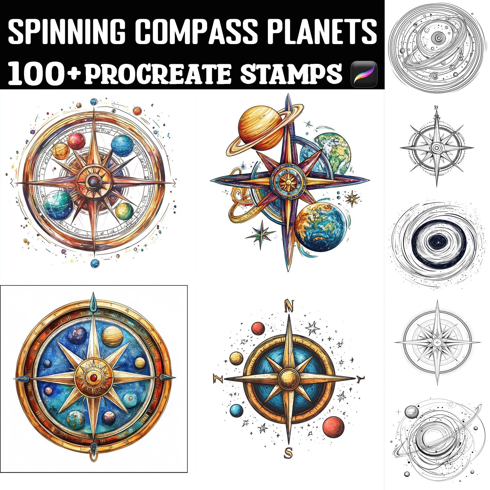100+ Spinning Compass Planets Procreate Stamps | Procreate Brushes ...
