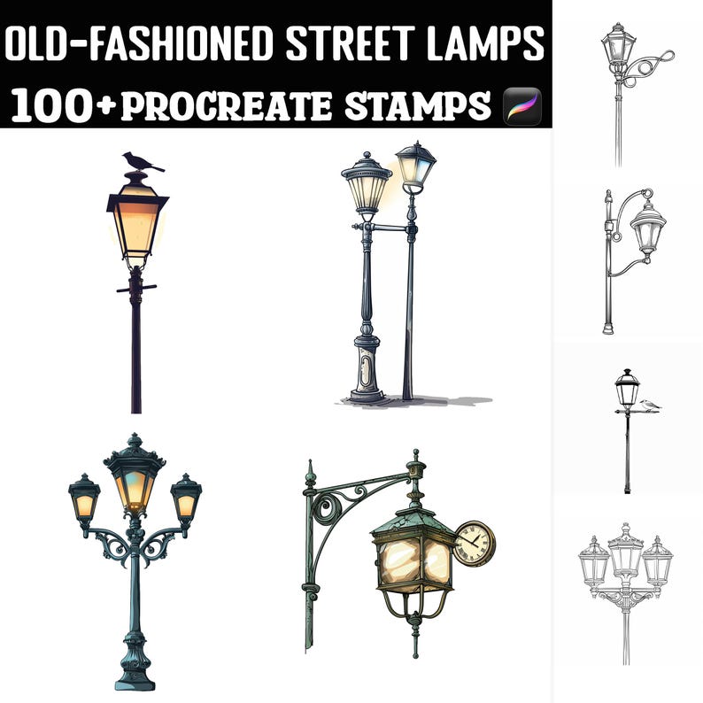 100+ Old-fashioned Street Lamps Procreate Stamps | Procreate Brushes ...