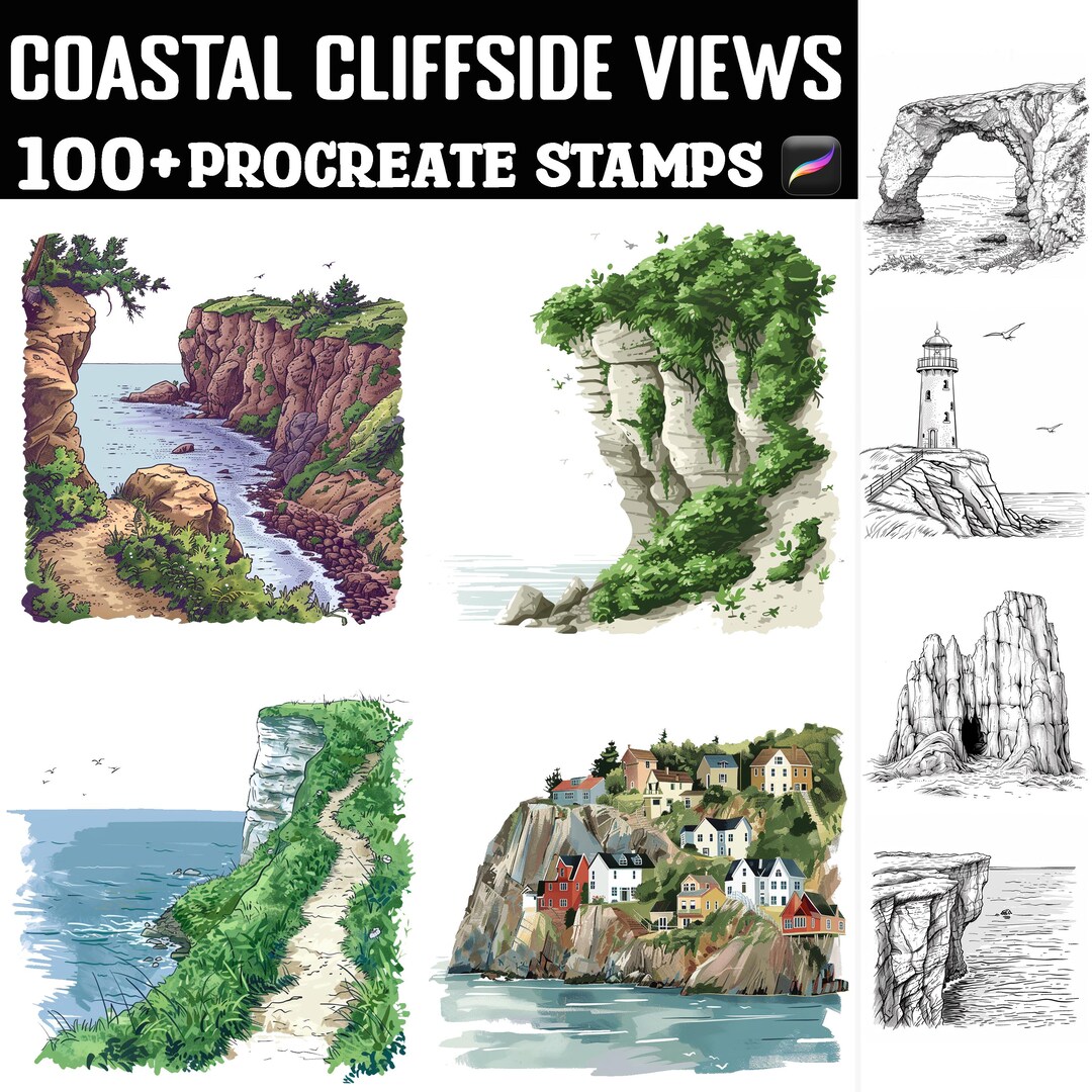 100+ Coastal Cliff Side Views Procreate Stamps | Procreate Brushes ...