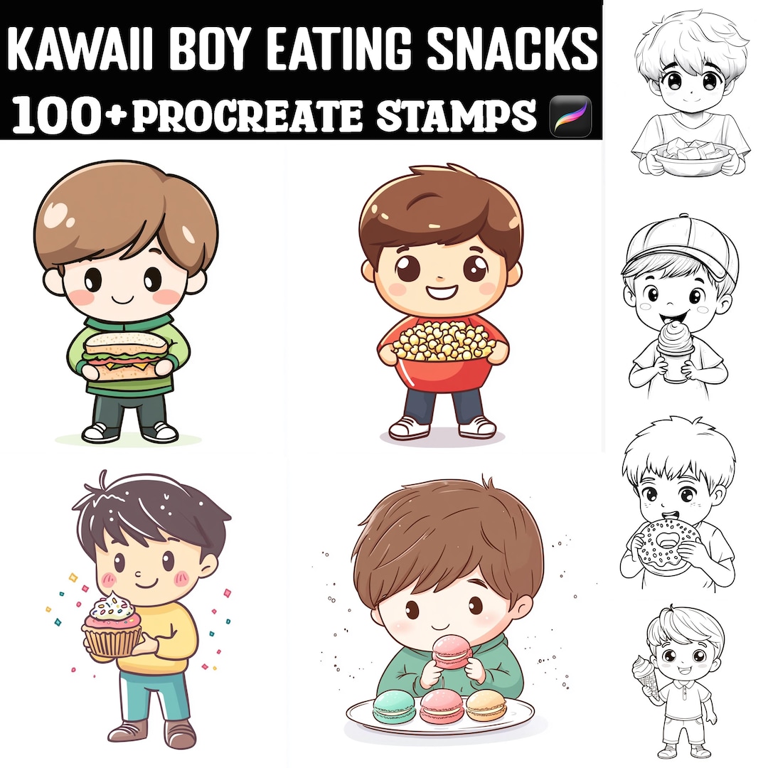 100+ Kawaii Boy Eating Snacks Procreate Stamps | Procreate Brushes ...