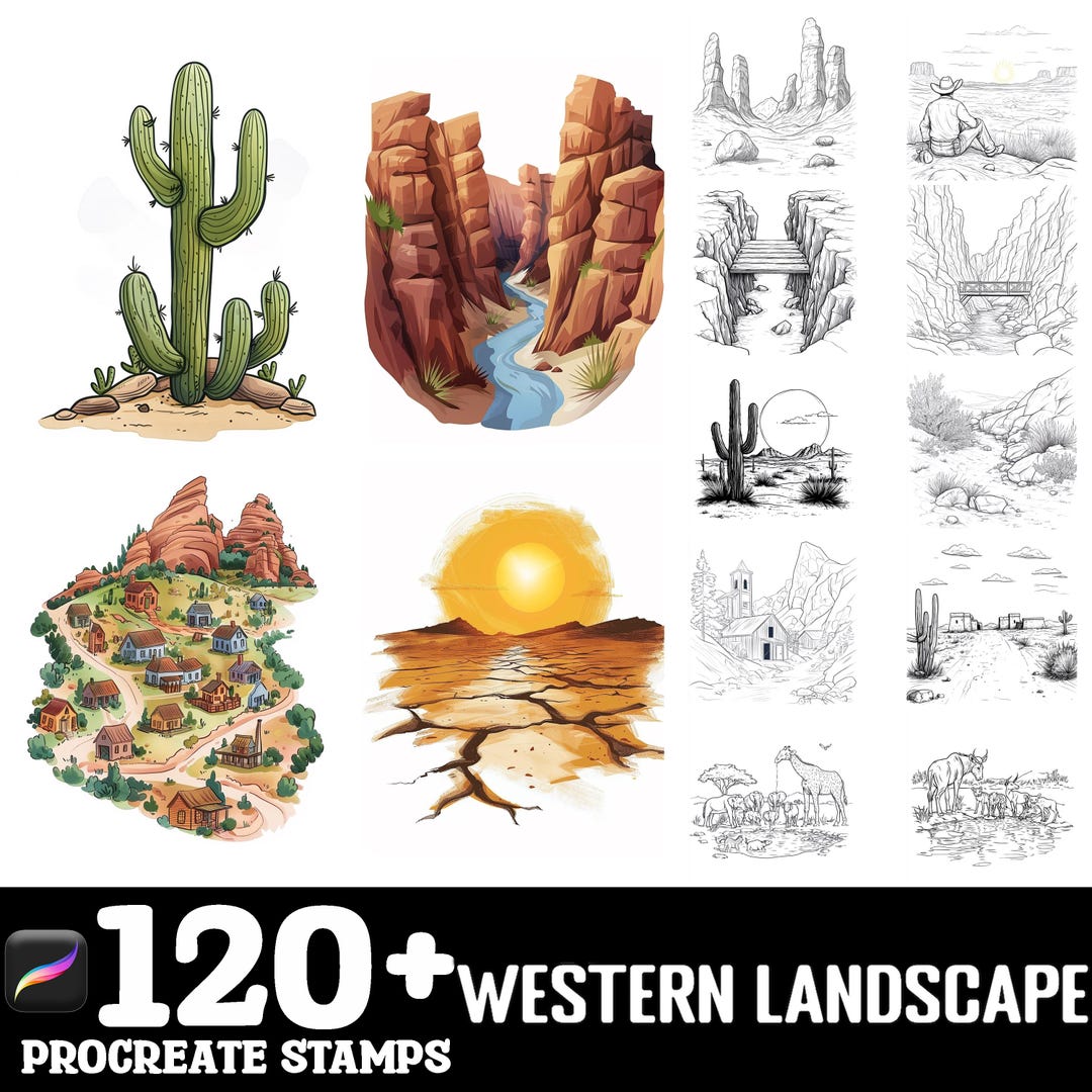 120+ Western Landscape Procreate Stamps | Procreate Brushes | Instant ...