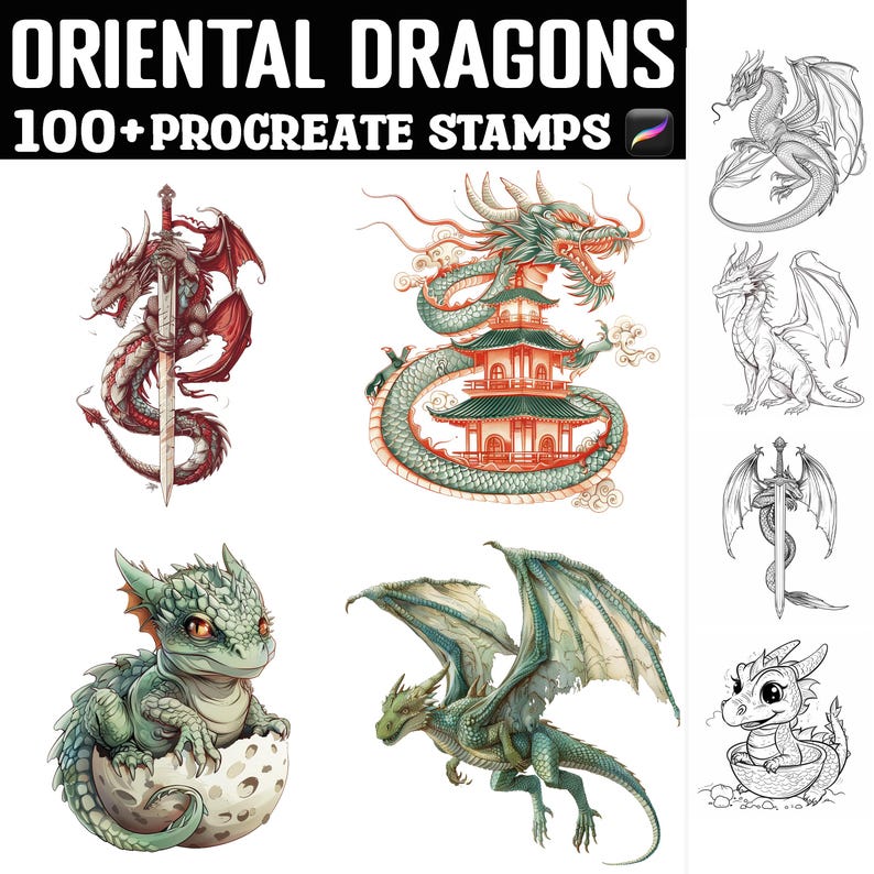 100+ Oriental Dragons Procreate Stamps | Procreate Brushes | Instant ...