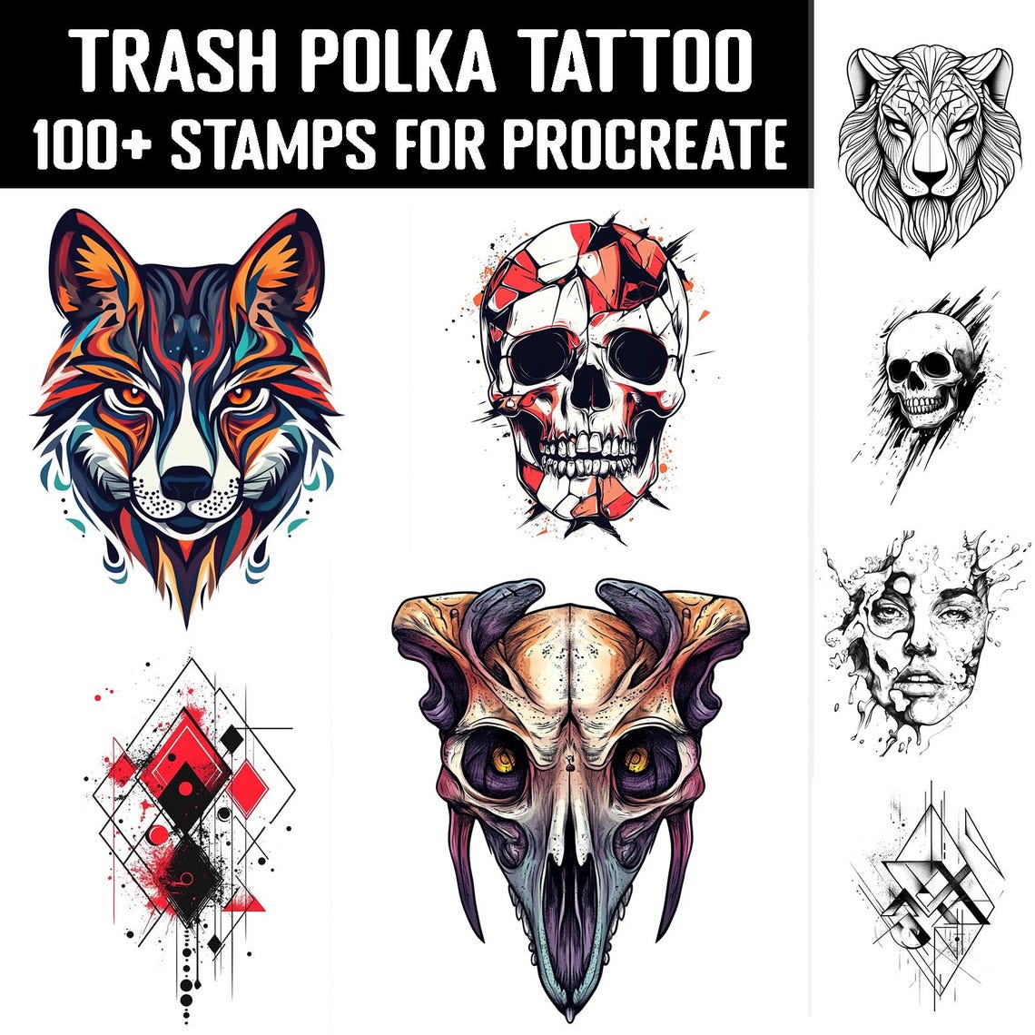 100+ Trash Polka Tattoo Procreate Stamp | Procreate Brush Bundle ...