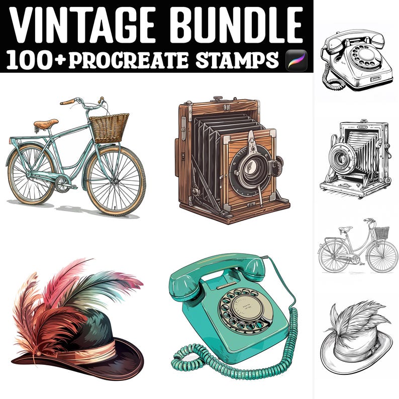 100+ Vintage Bundle Procreate Stamps | Procreate Brushes | Instant ...