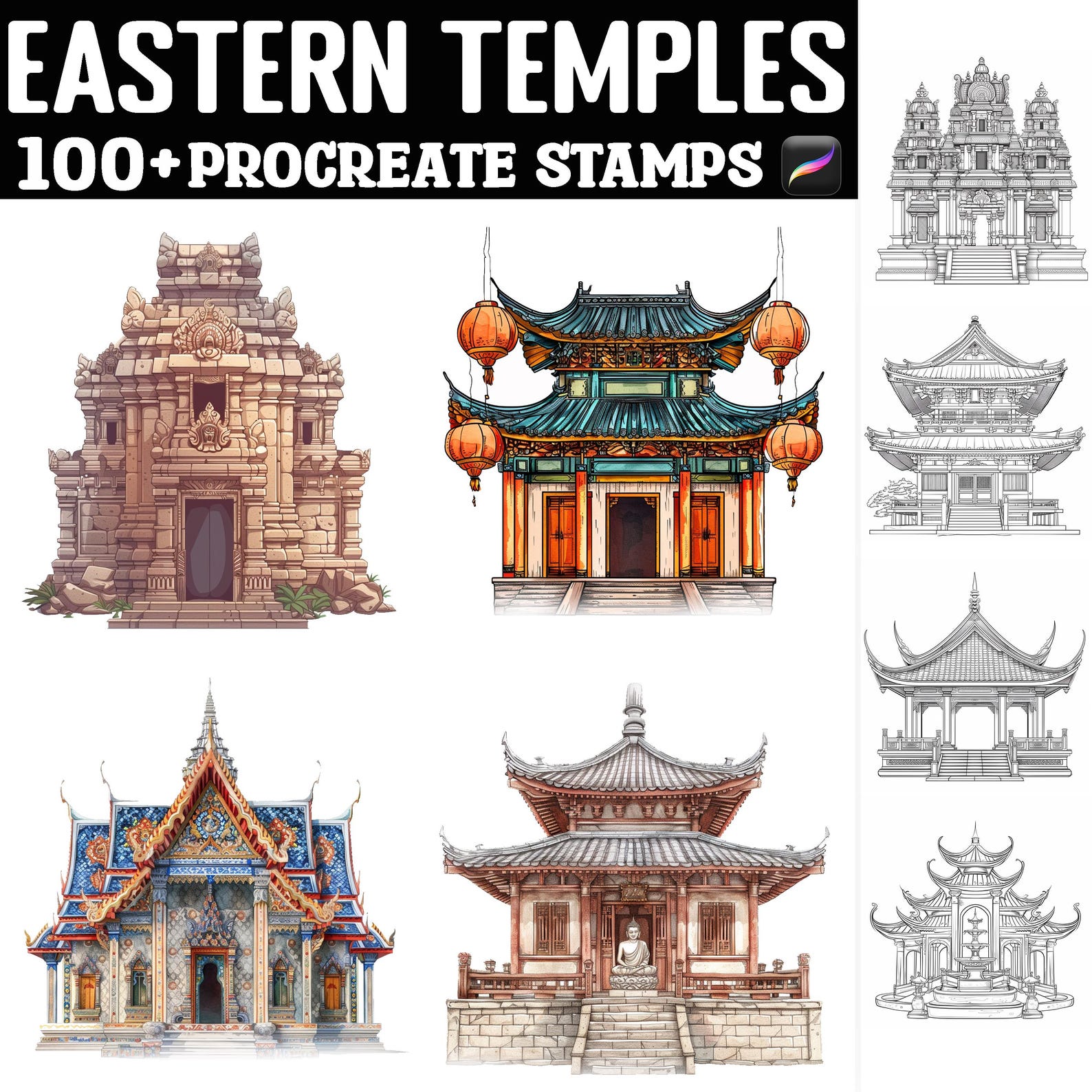 100+ Eastern Temples Procreate Stamps | Procreate Brushes | Instant ...